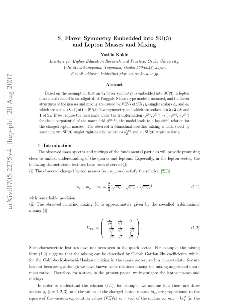 S - 4 Flavor Symmetry Embedded Into SU (3) and Lepton Masses and Mixing | PDF | Neutrino ...