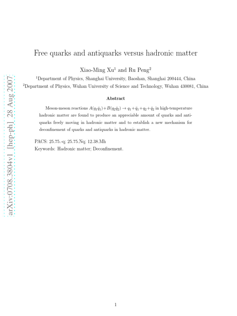 Free Quarks and Antiquarks Versus Hadronic Matter | PDF | Hadron | Quark