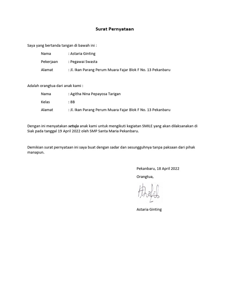 Surat Pernyataan Study Tour Githa | PDF