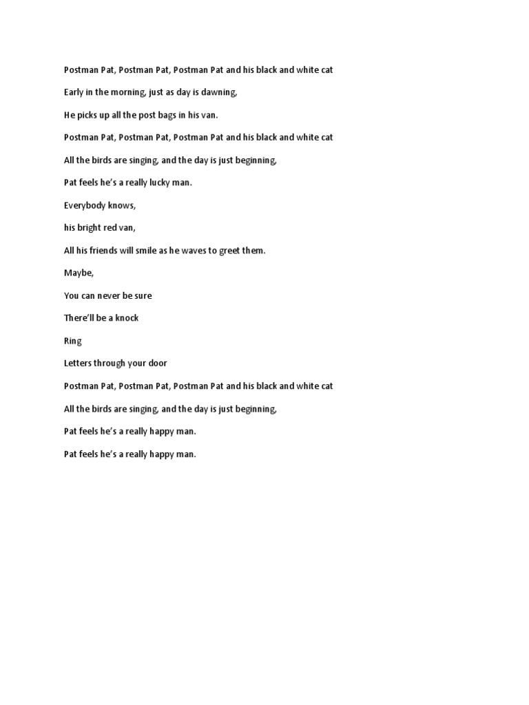 Postman Pat Theme Song Lyrics | PDF