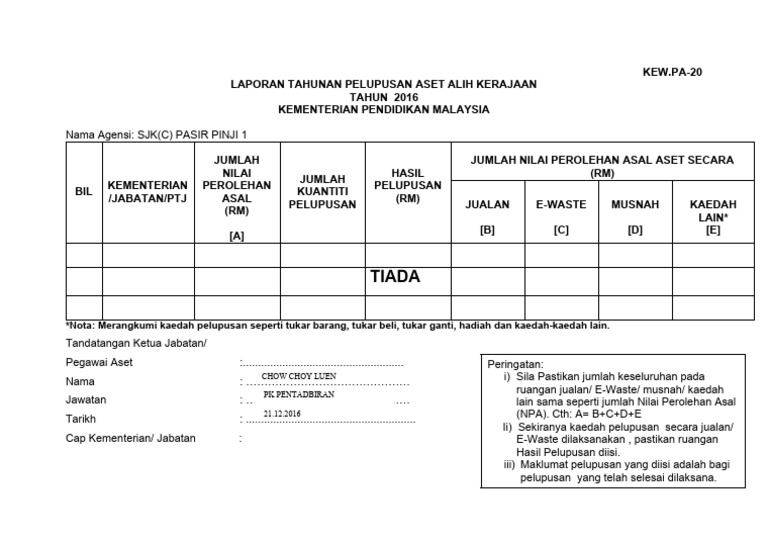 LAMPIRAN KEW - Pa-20 (Laporan Tahunan Pelupusan Aset Alih Kerajaan) | PDF