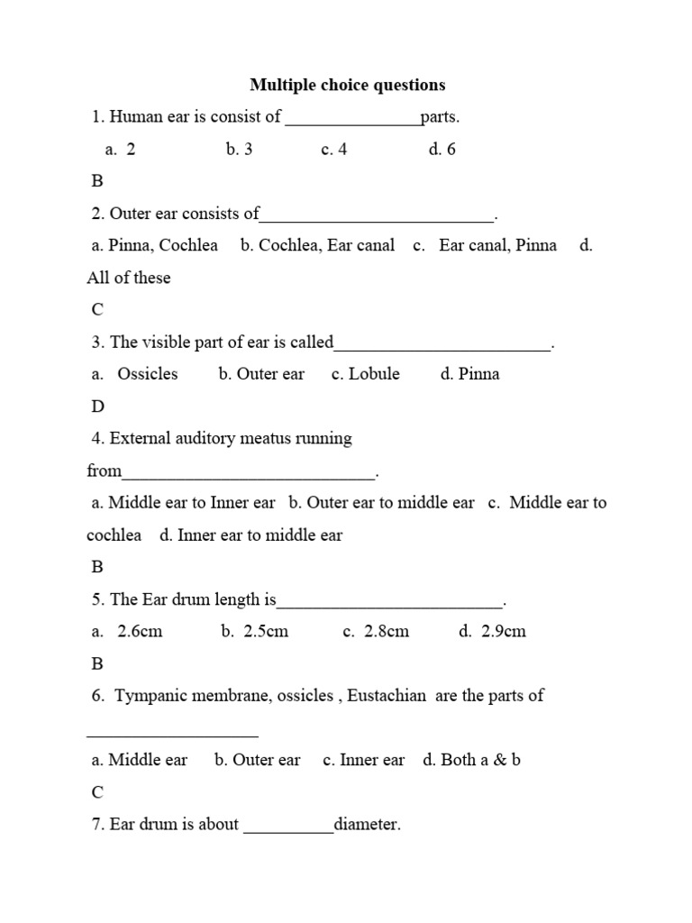 Multiple Choice Questions | PDF | Hearing | Ear