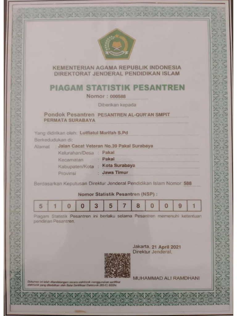 Piagam Statistik Pesantren | PDF