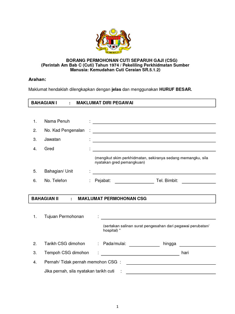 Borang Permohonan Cuti Separuh Gaji | PDF