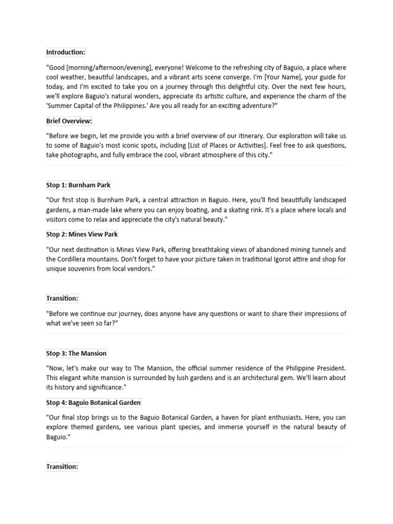 Tour Guiding Script For Baguio | PDF