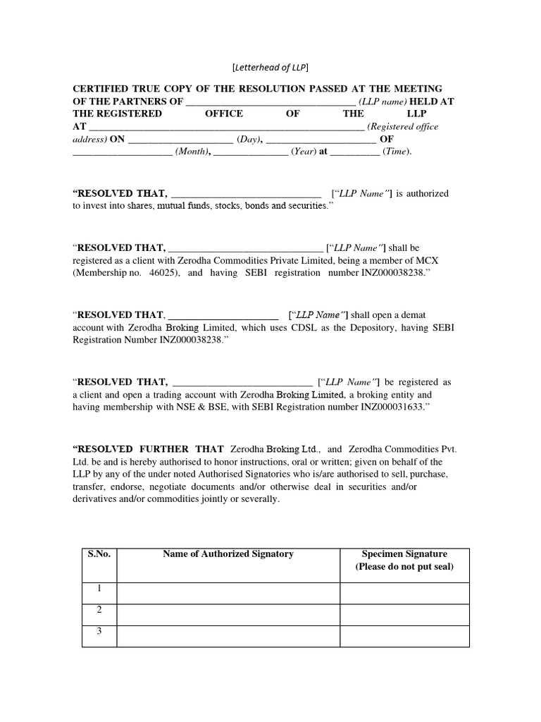 LLP Board Resolution for Investments | PDF | Securities (Finance ...