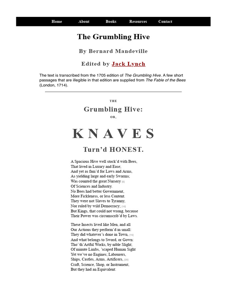 Bernard Mandeville, The Grumbling Hive | PDF