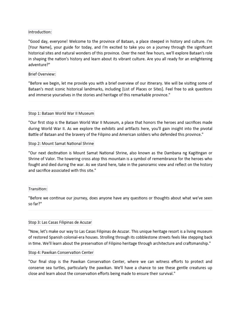 Tour Guiding Script For Bataan | PDF | Social Science | Travel