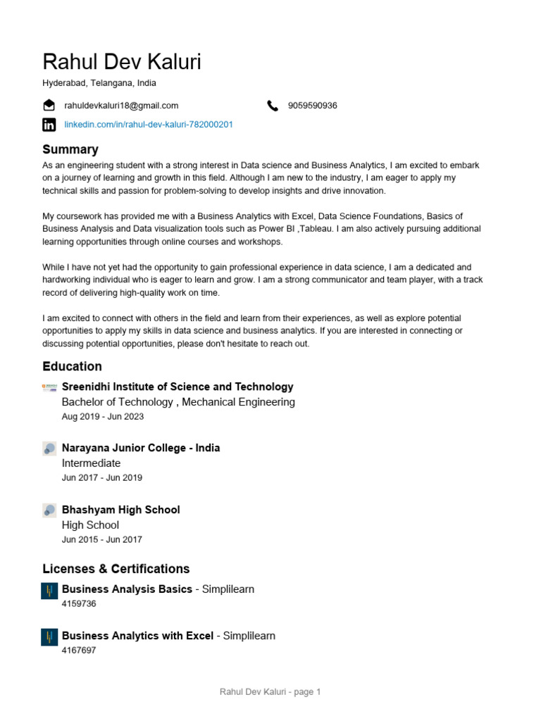 Resume Rahul Dev Kaluri | PDF | Microsoft Excel | Analytics