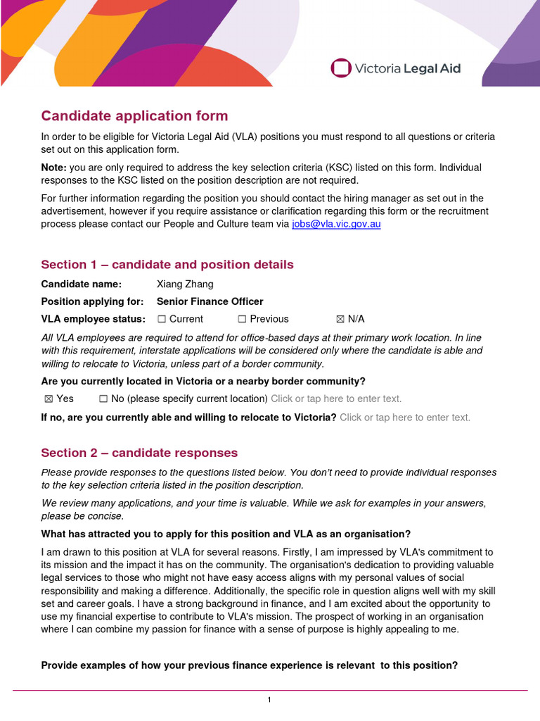 VLA Senior Finance Officer Application Form | PDF | Risk | Risk Management