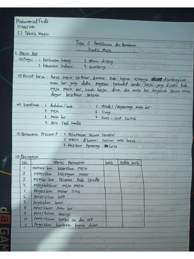 Tugas 2 Pemeliharaan Mesin MuhammadFadli S1 TM | PDF