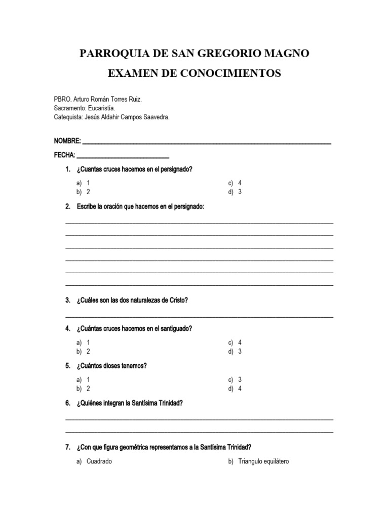 Examen Catequesis | PDF | Biblia | Diez Mandamientos