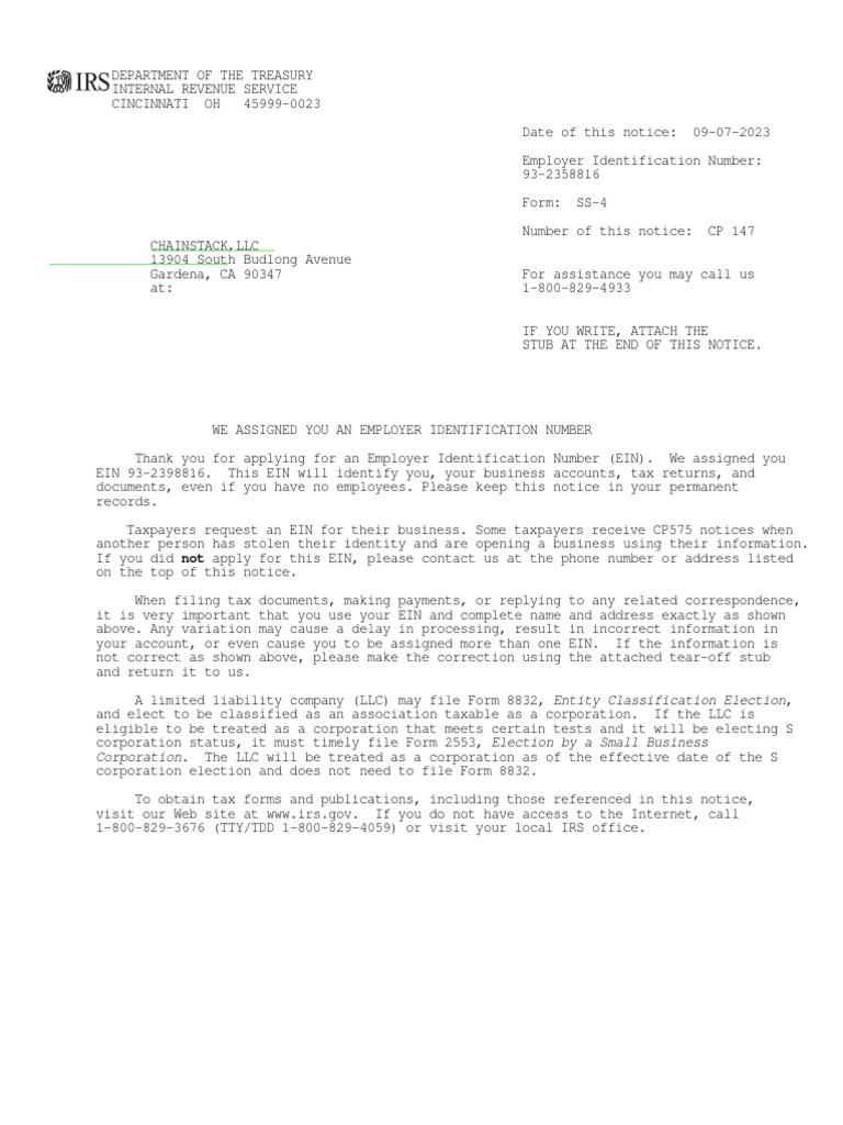 EIN Confirmation Letter CP 147 | PDF | Limited Liability Company | Taxation