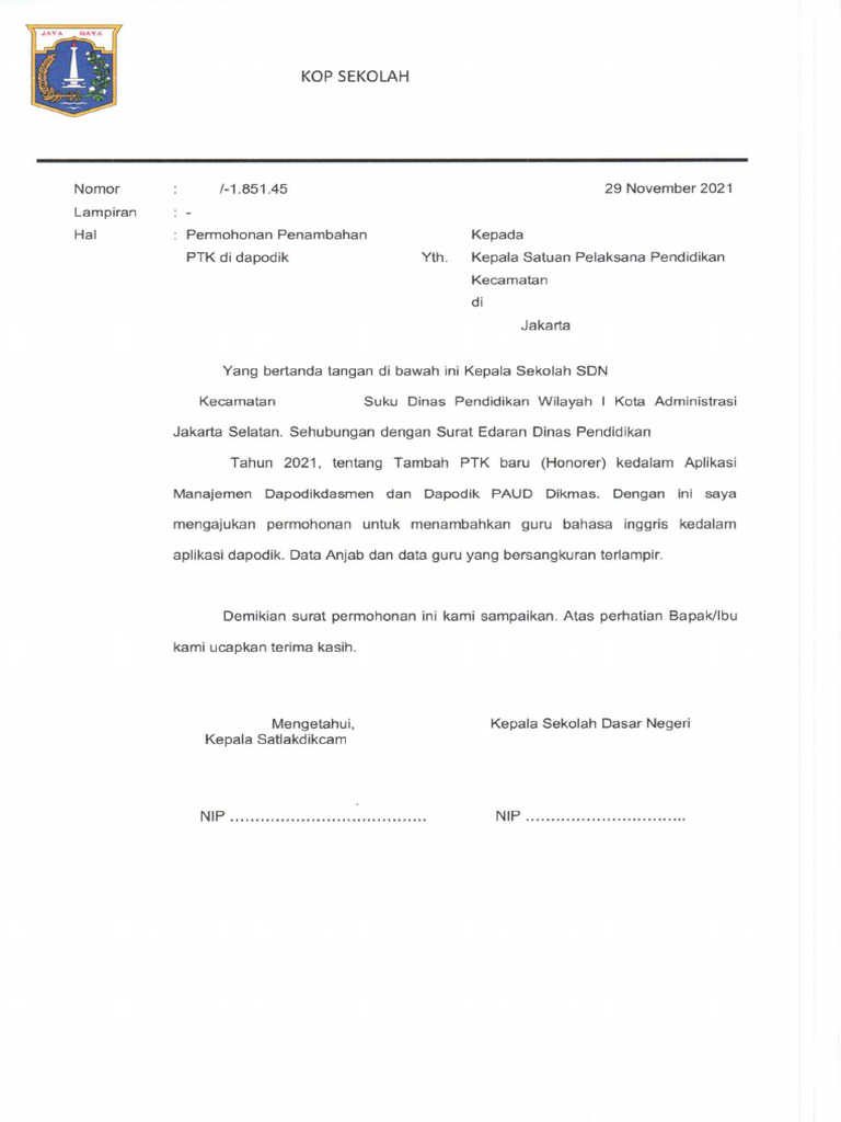 Permohonan Penambahan PTK Di Dapodik | PDF Permohonan Penambahan PTK Di Dapodik | PDF