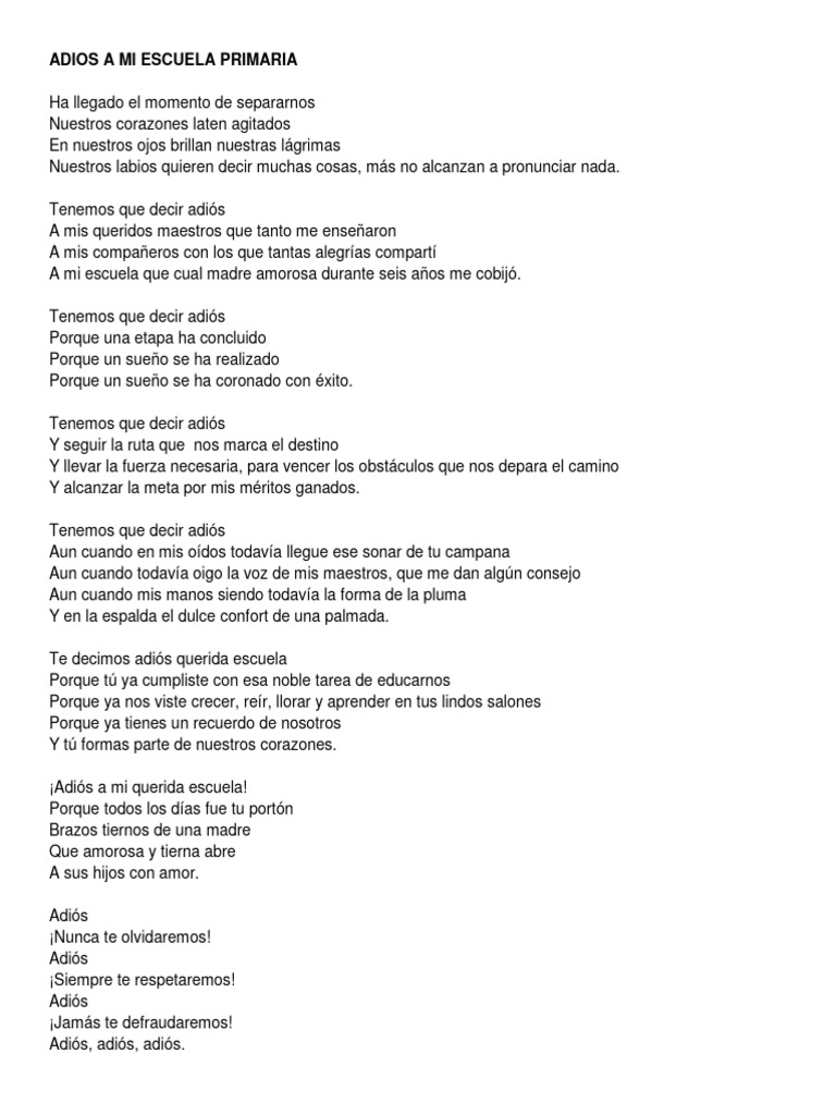 Adios A Mi Escuela Primaria Poesia Sexto | PDF