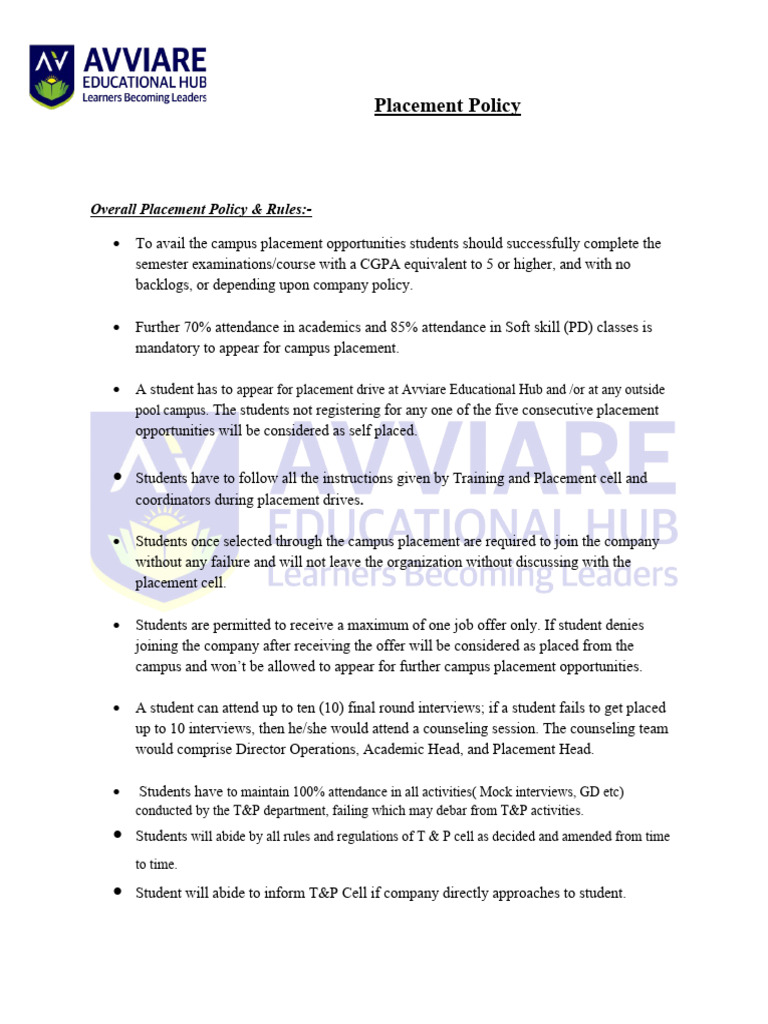 Placement Policy Cum Student Undertaking | PDF