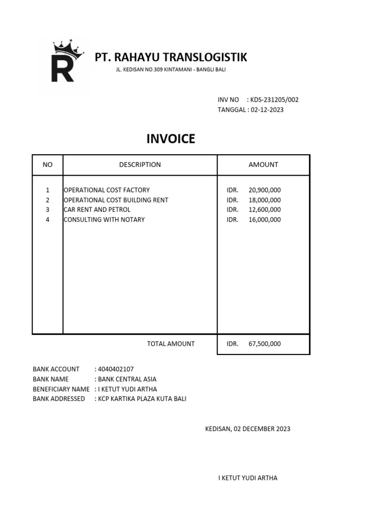 Invoice for Operational Costs 2023 | PDF