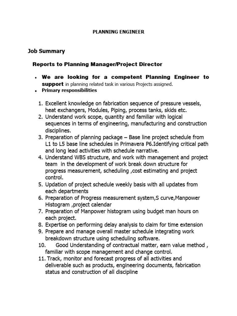 JD Planning Engineer | PDF | Microsoft Excel | Business