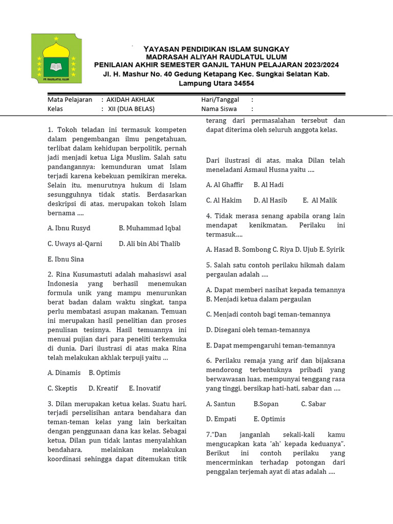 Soal Akidah Akhlak Kelas XII 2023/2024 | PDF