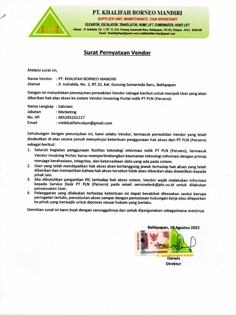 Surat Pernyataan Vendor | PDF