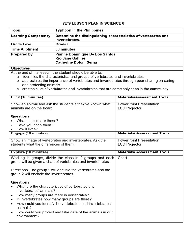 7e's Lesson Plan | PDF | Invertebrate | Vertebral Column