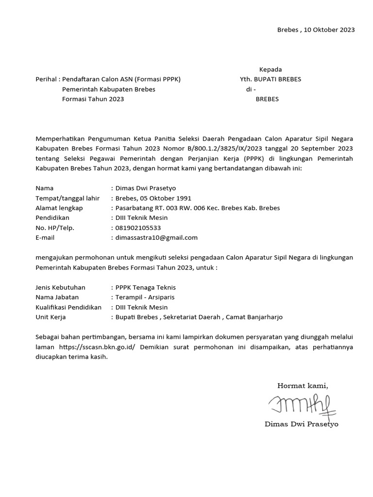 Surat Lamaran Kerja Dimas | PDF