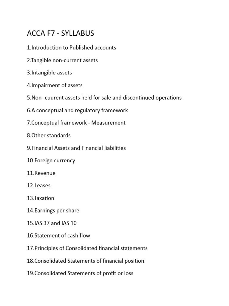 ACCA F7 Syllabus Overview | PDF | Finance & Money Management | Law