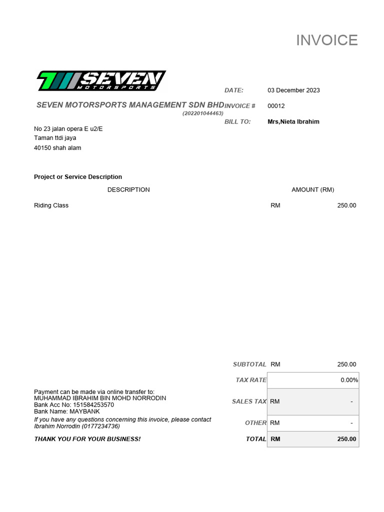 Invoice 0001 Seven Motorsports Management 2023 | PDF | Malaysia