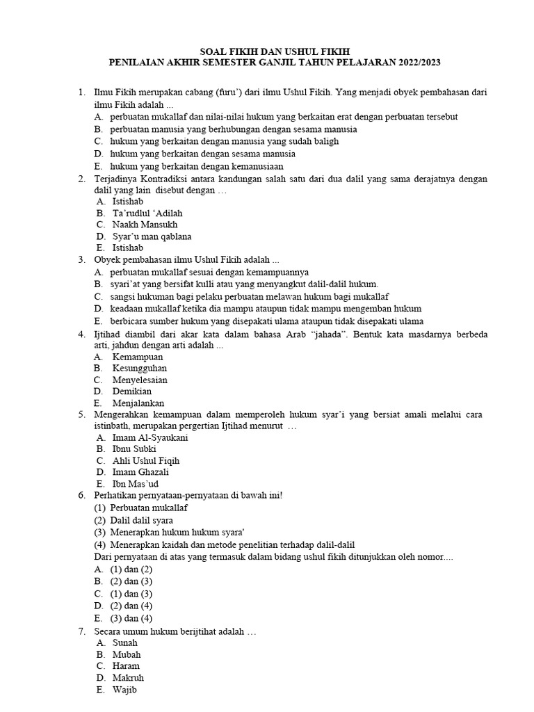 Soal Fikih Dan Ushul Fikih 2023 | PDF | Filsafat | Agama & Spiritualitas
