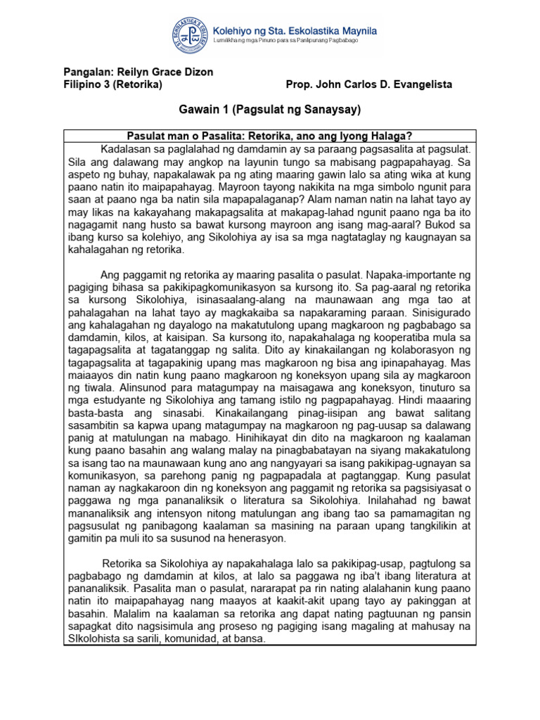 Template (Gawain 1 - Pagsulat NG Sanaysay) | PDF