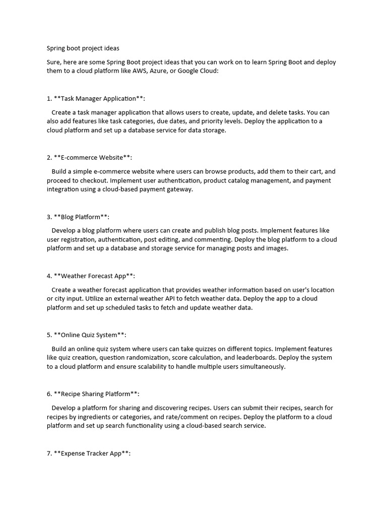 Spring Boot Project Ideas | PDF | Cloud Computing | Mobile App Spring Boot Project Ideas | PDF | Cloud Computing | Mobile App