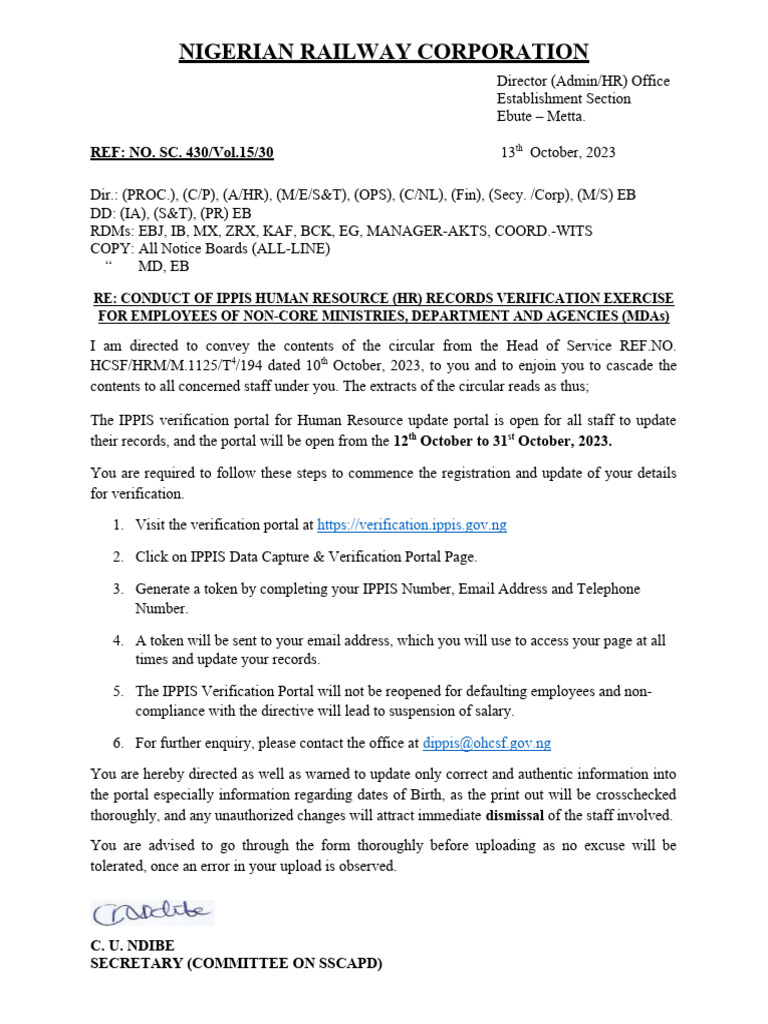 Circular On Verification and Update On HR Portal of Ippis | PDF