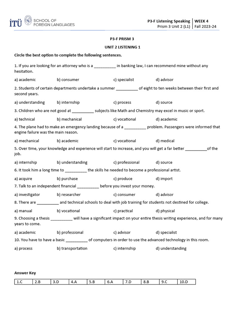 P3-F Prism 3 ListeningSpeaking Unit 2 L1 Vocabulary Exercise - Instructor | PDF | Vocational ...