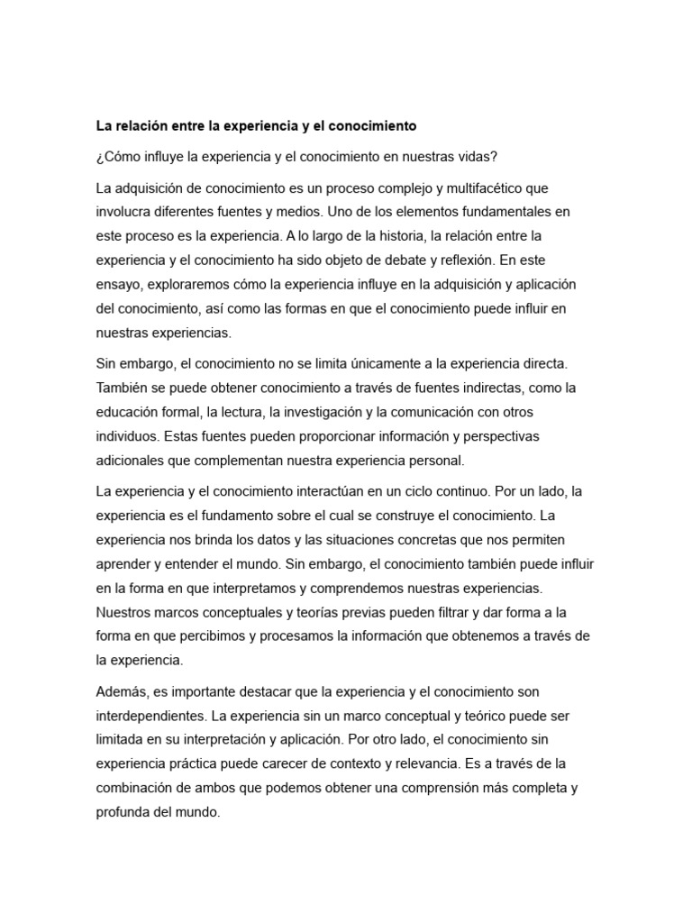 La Relación Entre La Experiencia y El Conocimiento Ensayo Paulina Abigail Arrazola 2 | PDF ...
