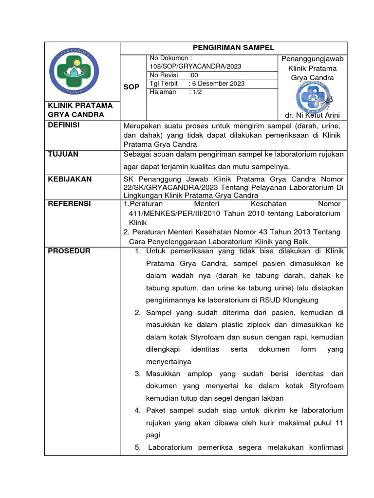 Sop Pengiriman Spesimen | PDF