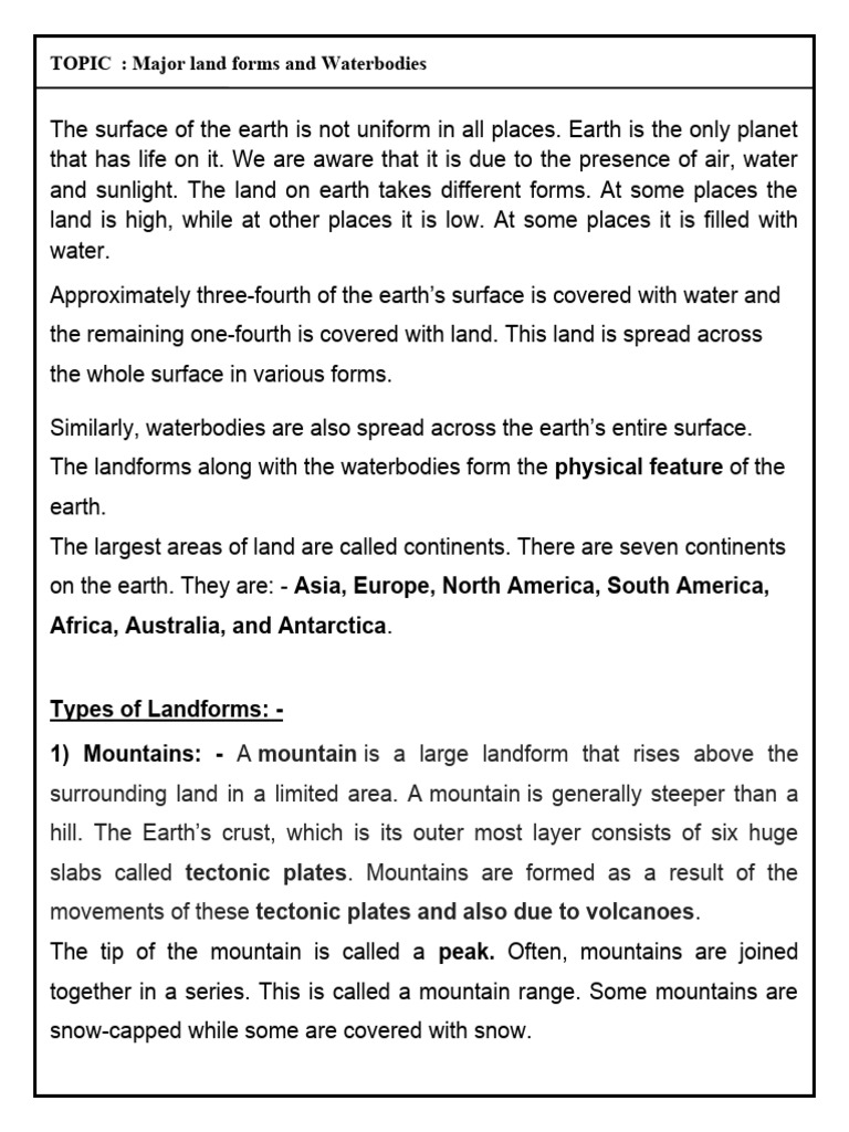 Major Landforms and Water Bodies Overview | PDF | Desert | Mountains