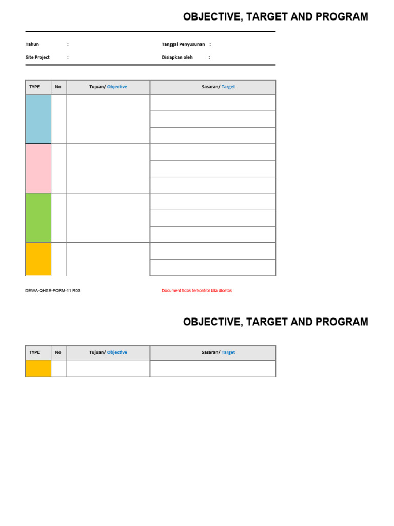 DEWA-QHSE-FORM-11 R03.Objektif Target Program | PDF