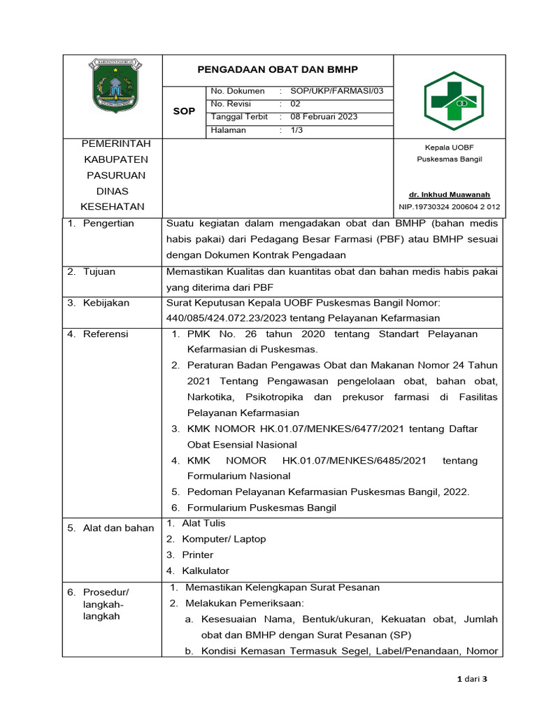SOP Pengadaan Obat Dan BMHP | PDF
