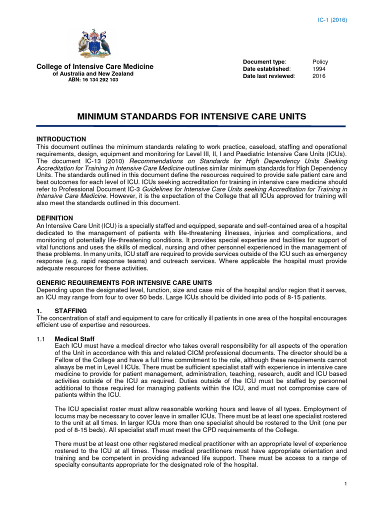 IC 1 Minimum Standards For Intensive Care Units | PDF | Intensive Care ...