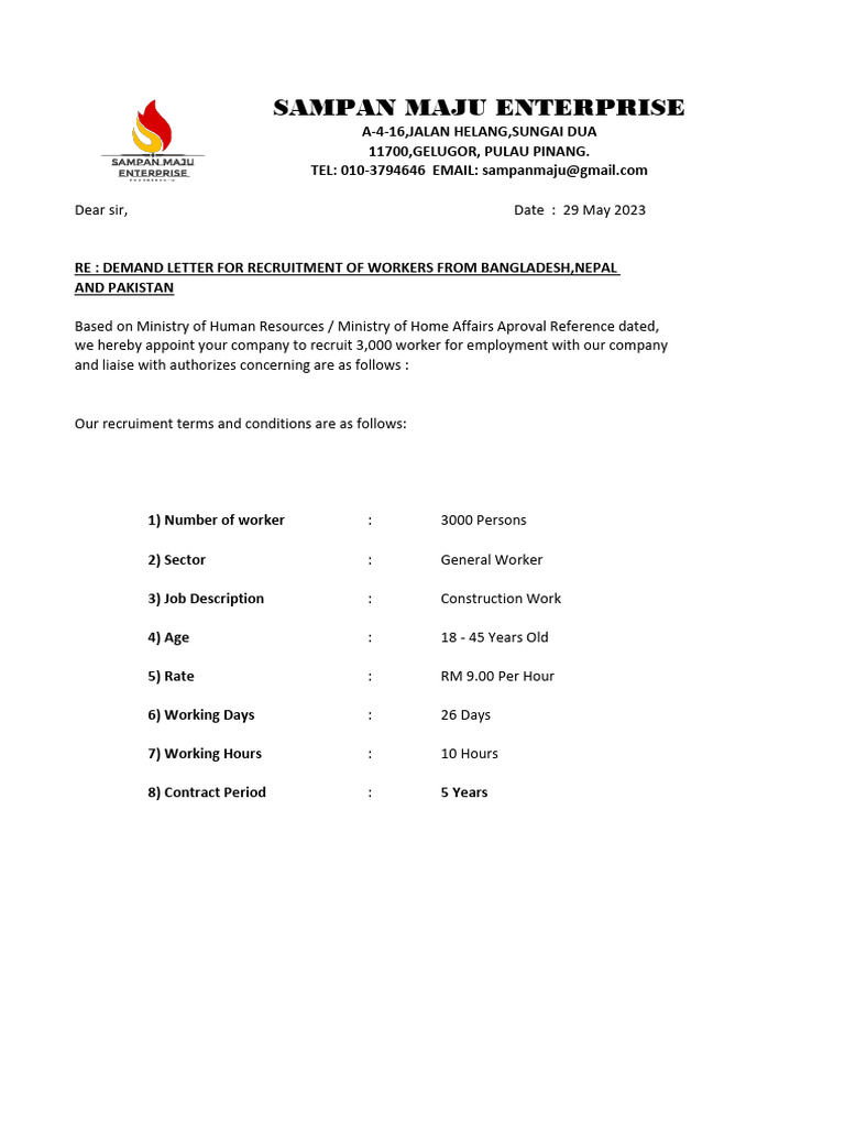 Demand Letter | PDF | Employment | Foreign Worker