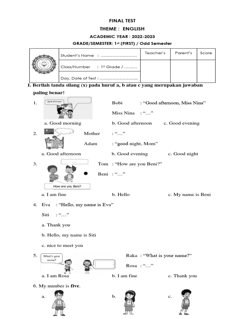 Kelas 1 Soal PAS Bahasa Inggris SMT 1 2022-2023 | PDF