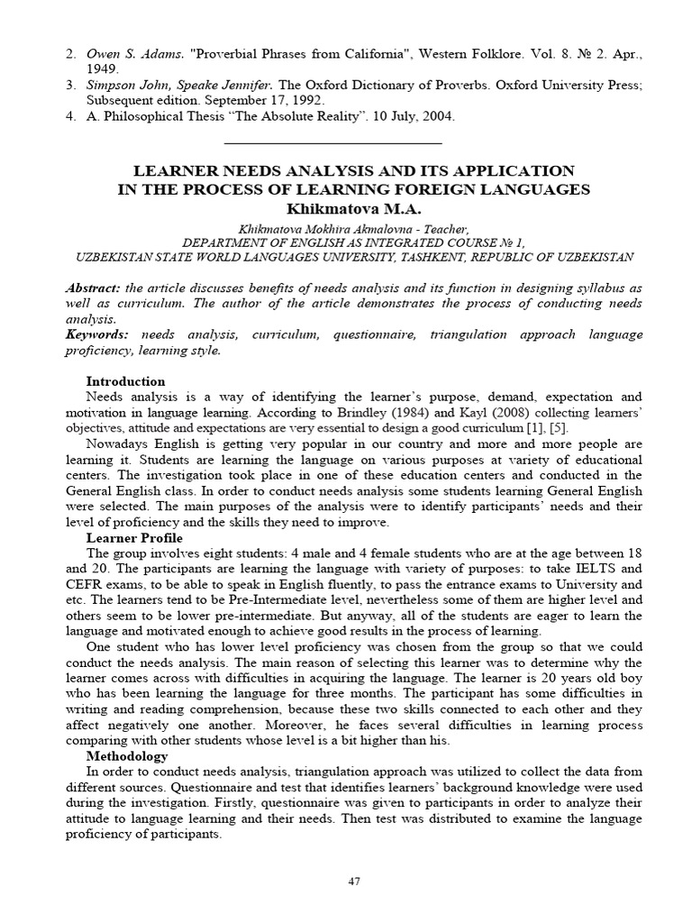 Learner Needs Analysis in Language Education | PDF | Learning ...