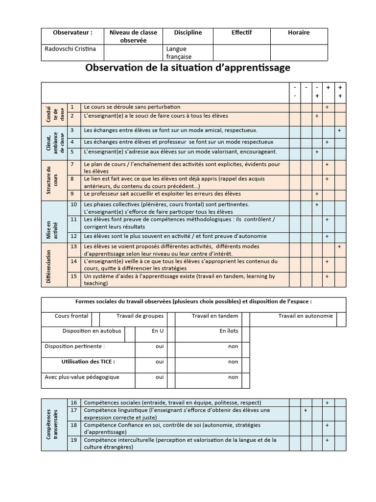 Grille d'observation en classe de langue | PDF | Apprentissage | Pédagogie