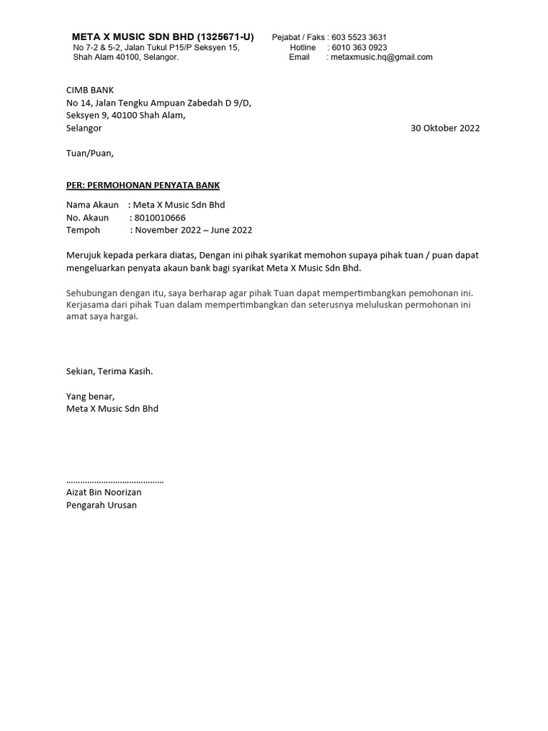 Surat Pemohonan Penyata Bank | PDF