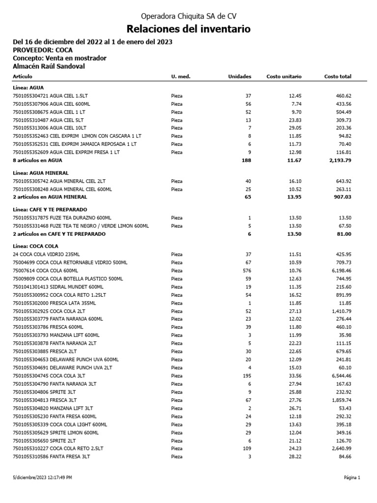Ventas de Coca Cola Suc Sandoval 16 Dic 22 - 01 Ene 23 | PDF | Coca Cola | Bebidas no alcohólicas