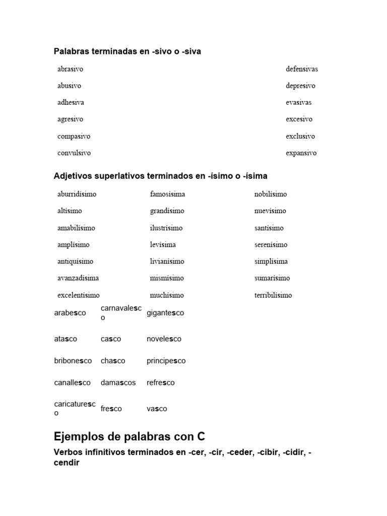 Palabras en español: terminaciones y ejemplos | PDF
