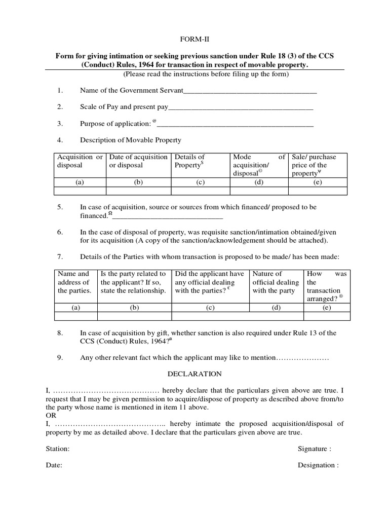 Movable Property Intimation Form for CG Employees | PDF | Property ...