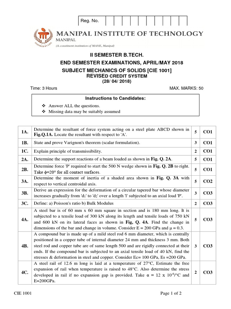 Mechanics of Solids (CIE 1001) RCS | PDF | Stress (Mechanics) | Beam ... Mechanics of Solids (CIE 1001) RCS | PDF | Stress (Mechanics) | Beam ...