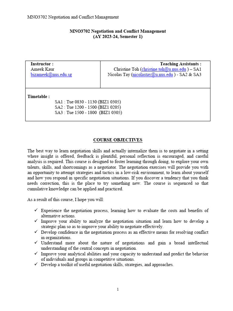 MNO3702 Course Outline (Sem1 AY2023-24) - Detailed - v3 | PDF ...