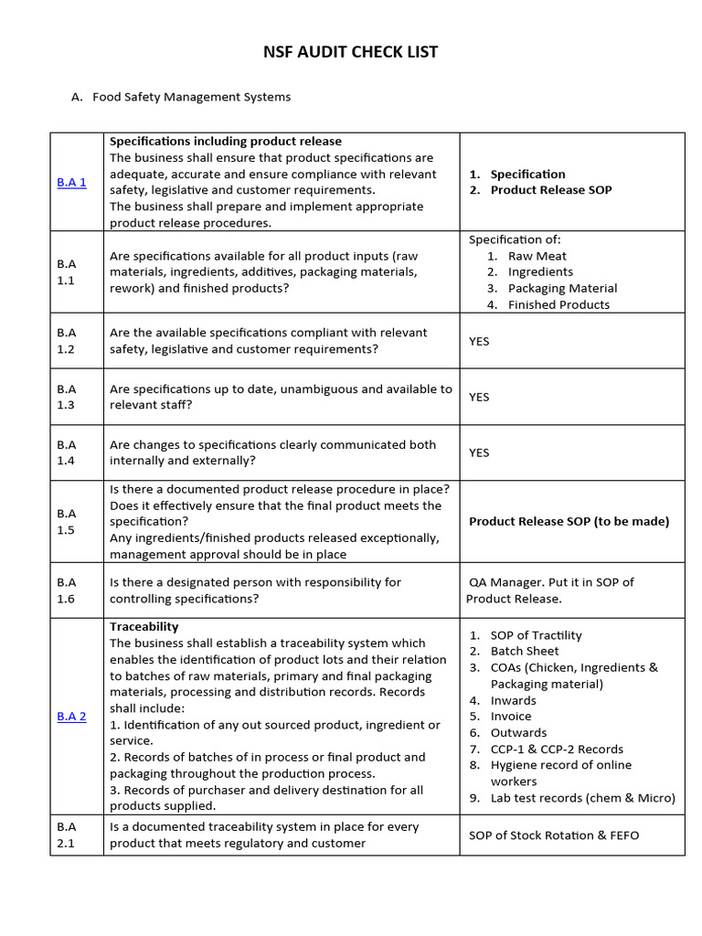NSF Audit CHK List | Download Free PDF | Food Safety | Hazard Analysis ...